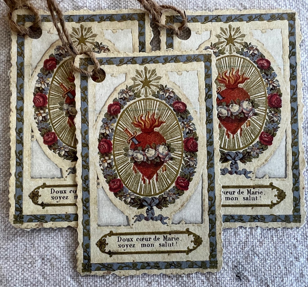 French Prayer Card Holy Card Gift Tag Sacred Heart Immaculate Heart ...