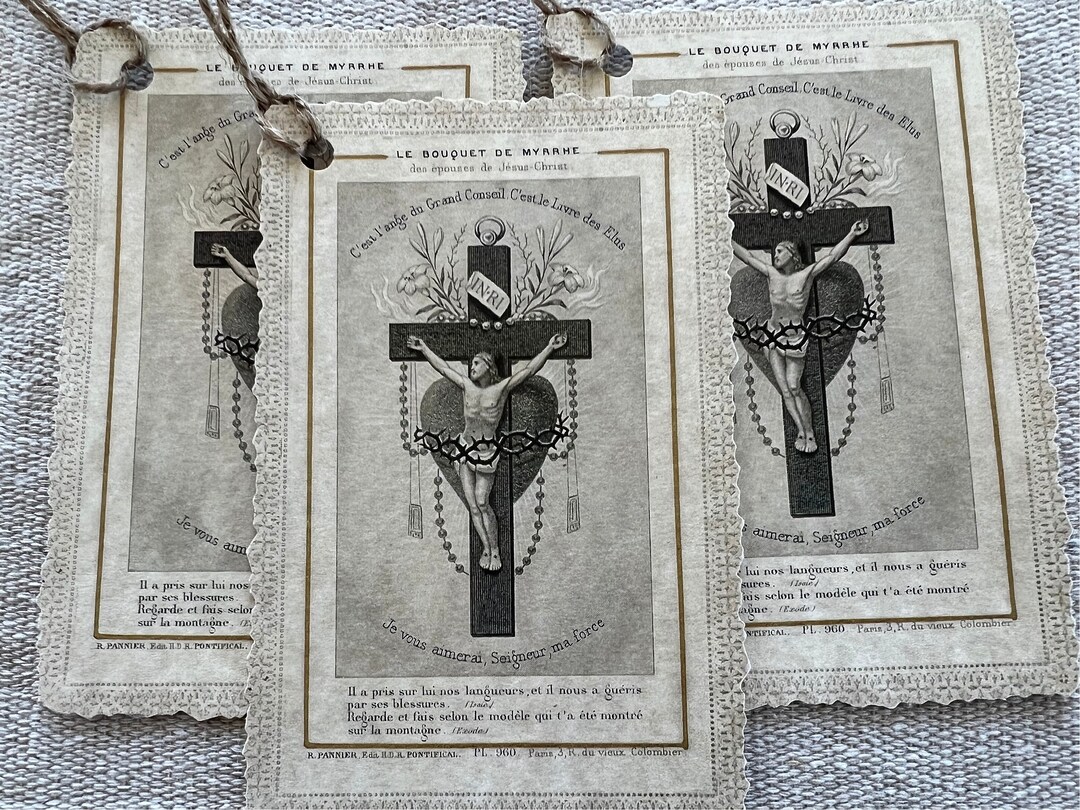 French Prayer Card Holy Card Gift Tag Sacred Heart of Jesus Crucifix ...