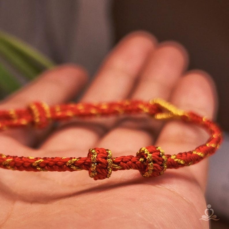Handwoven Red Gold Braided Bracelet, Lucky Knot Protection, Buddhist ...