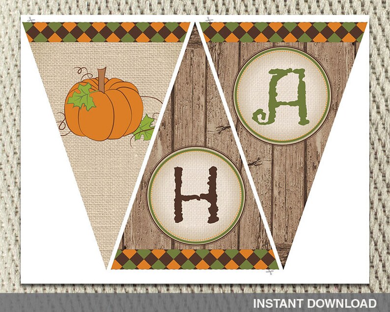 Pennant Banner - Rustic Argyle Pumpkin - Farm - Fall - Happy Birthday ...