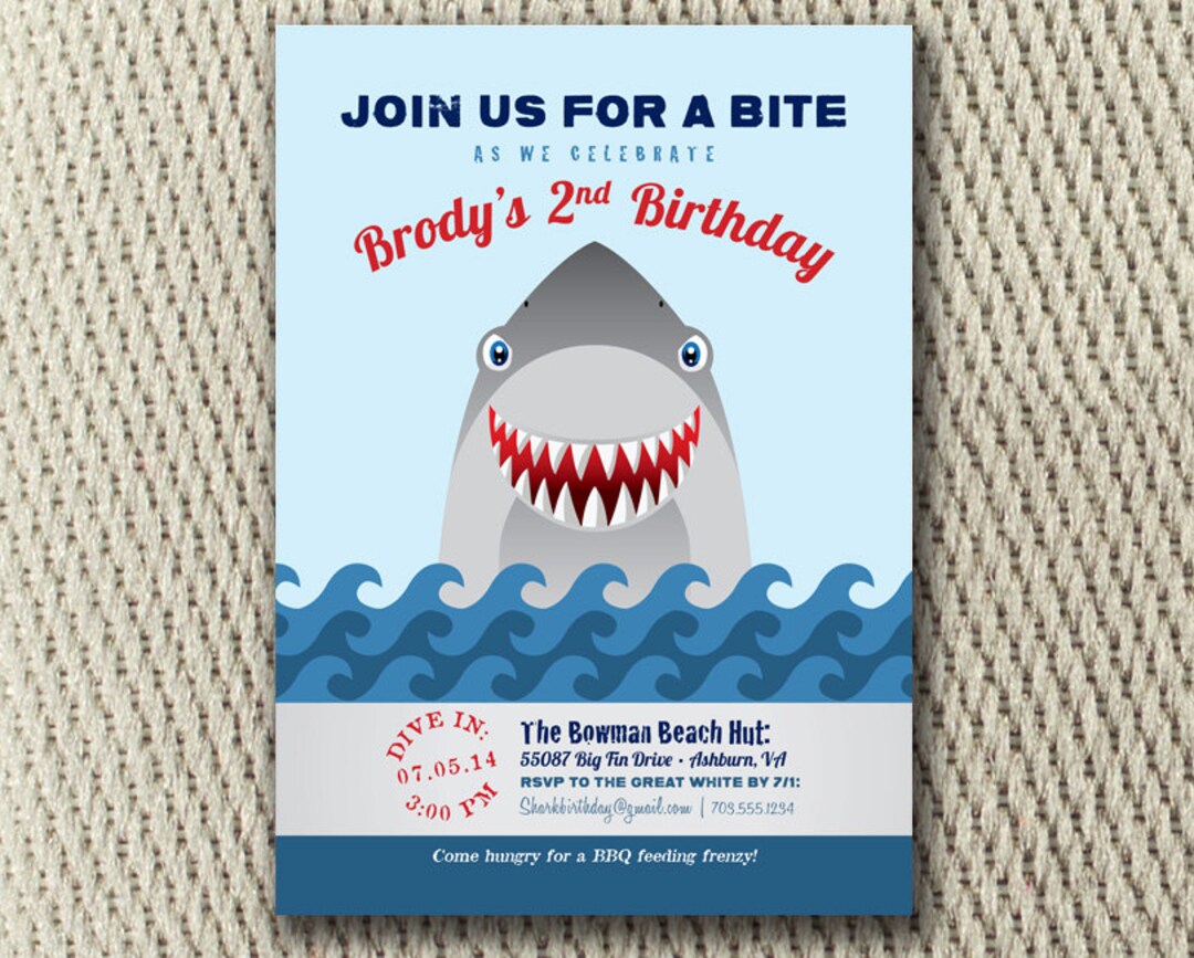 Shark Take a Bite Summer Birthday BBQ Invitation: Digital 5x7 Jpeg File ...