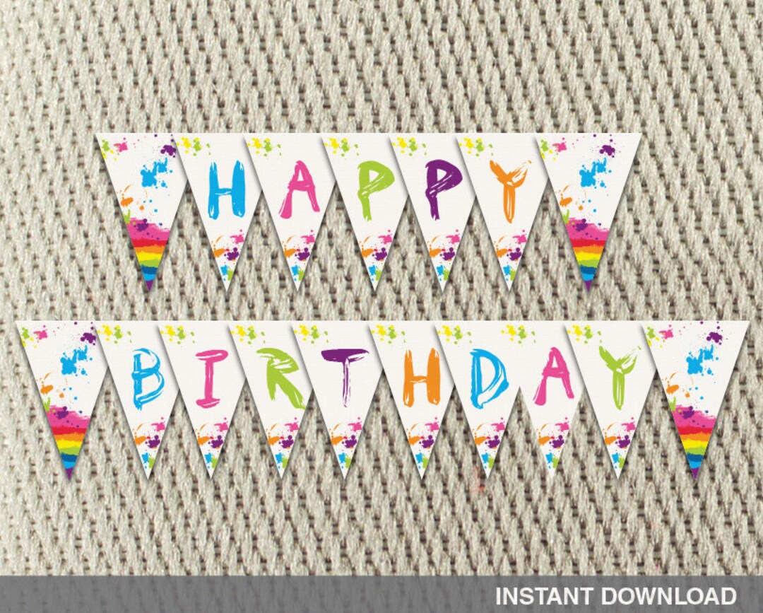 Pennant Banner - Art Party - Paint - Splatter - Rainbow - Happy ...