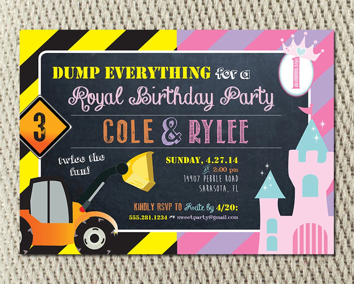 Joint Birthday Party Construction and Princess Invitation: Digital File ...