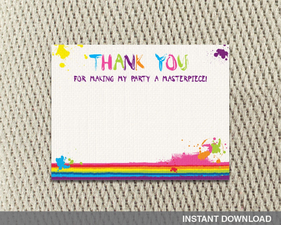 Thank You Card - Art Party - Paint - Splatter - Rainbow Happy Birthday ...