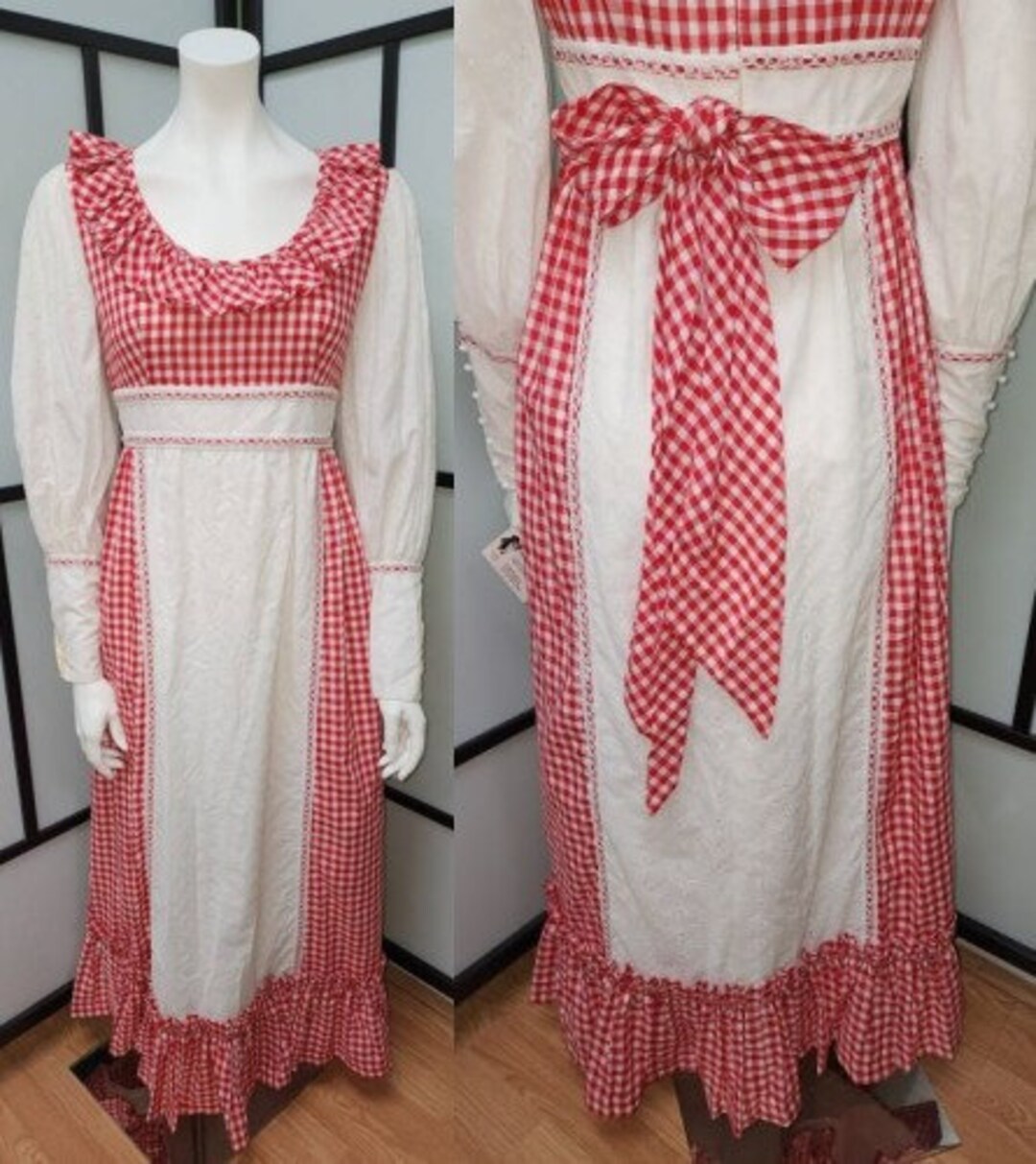 Vintage 1970s Gown Long Red White Gingham Checker Dress White - Etsy