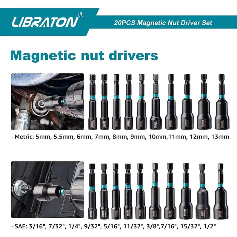 20-piece Magnetic Nut Driver Set | 1/4" Impact Drill Bit With Metric ...