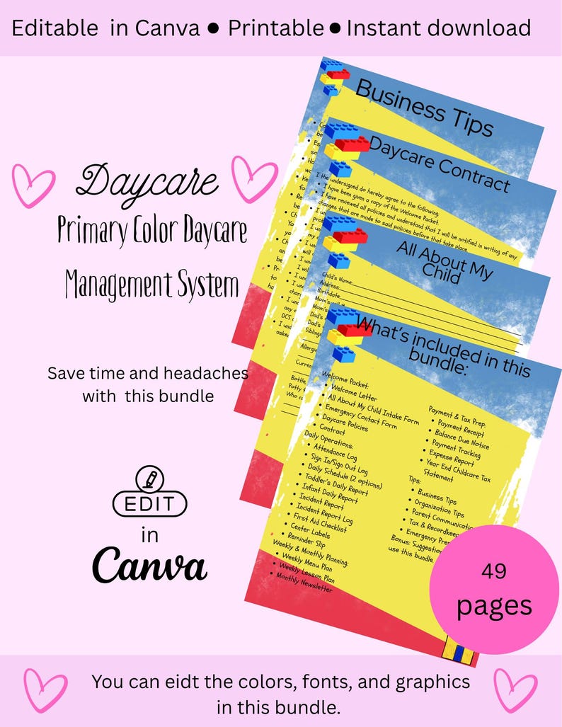Primary Colors Daycare Forms Bundle Printable Childcare Management ...
