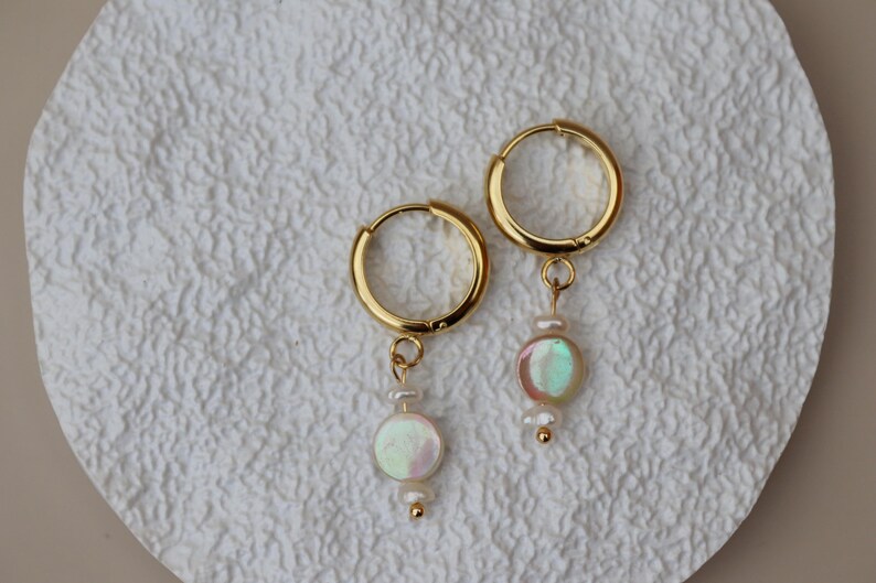 Iridescent Shell and Pearl Huggie Earrings | Gold and Silver Dainty ...