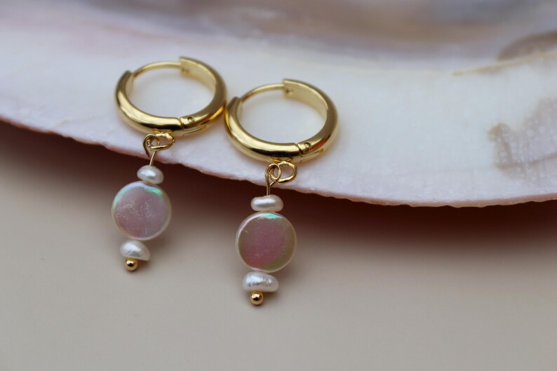 Iridescent Shell and Pearl Huggie Earrings | Gold and Silver Dainty ...