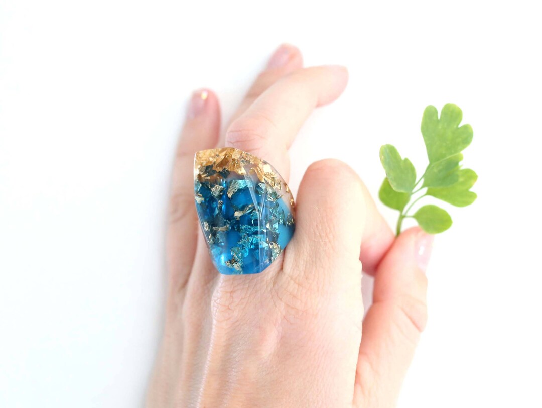 Aquamarine Resin Ring, Big Aqua Ring, Resin Statement Ring, Resin Gold ...