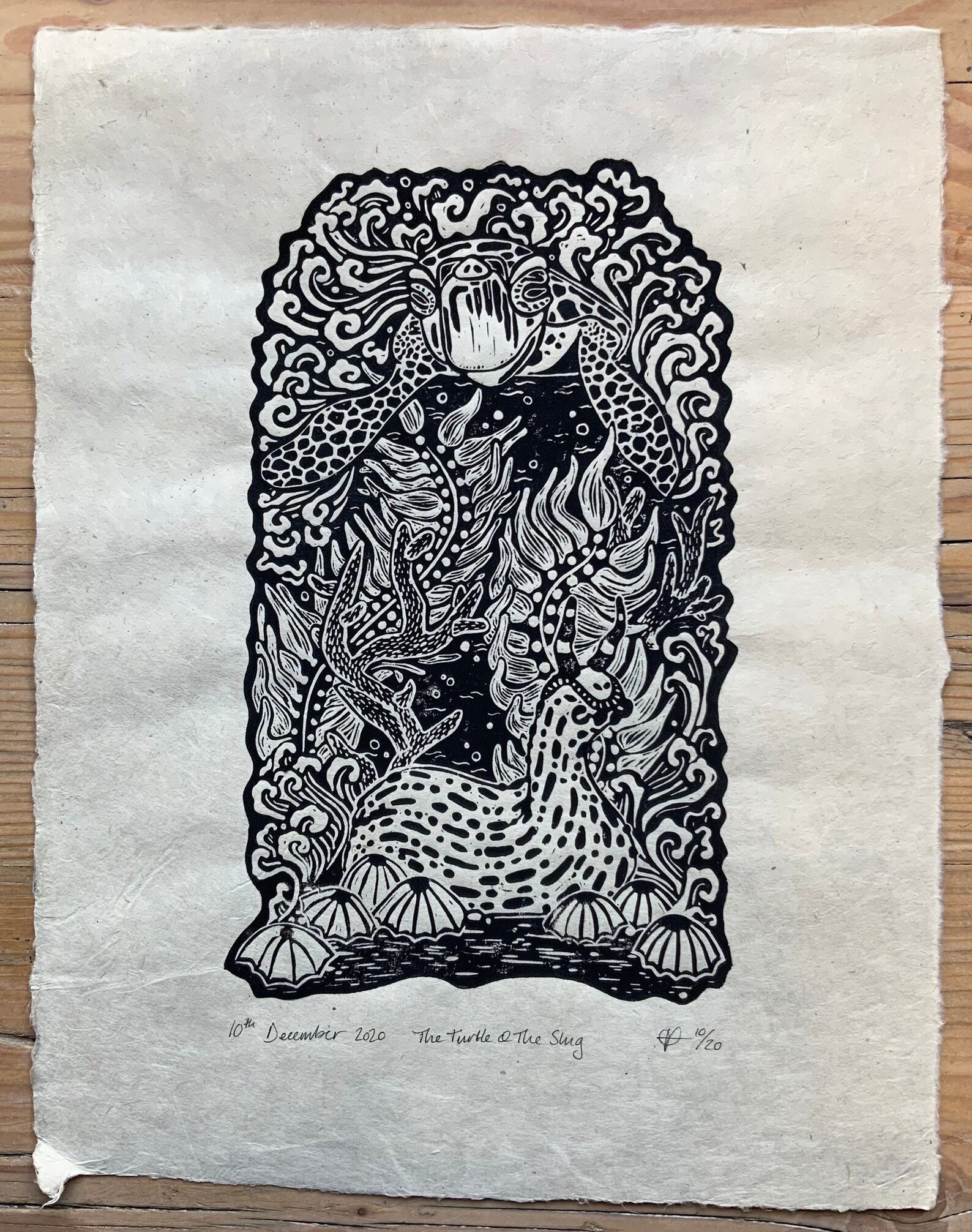 Turtle and Sea Slug Ocean Lino Relief Print - Etsy