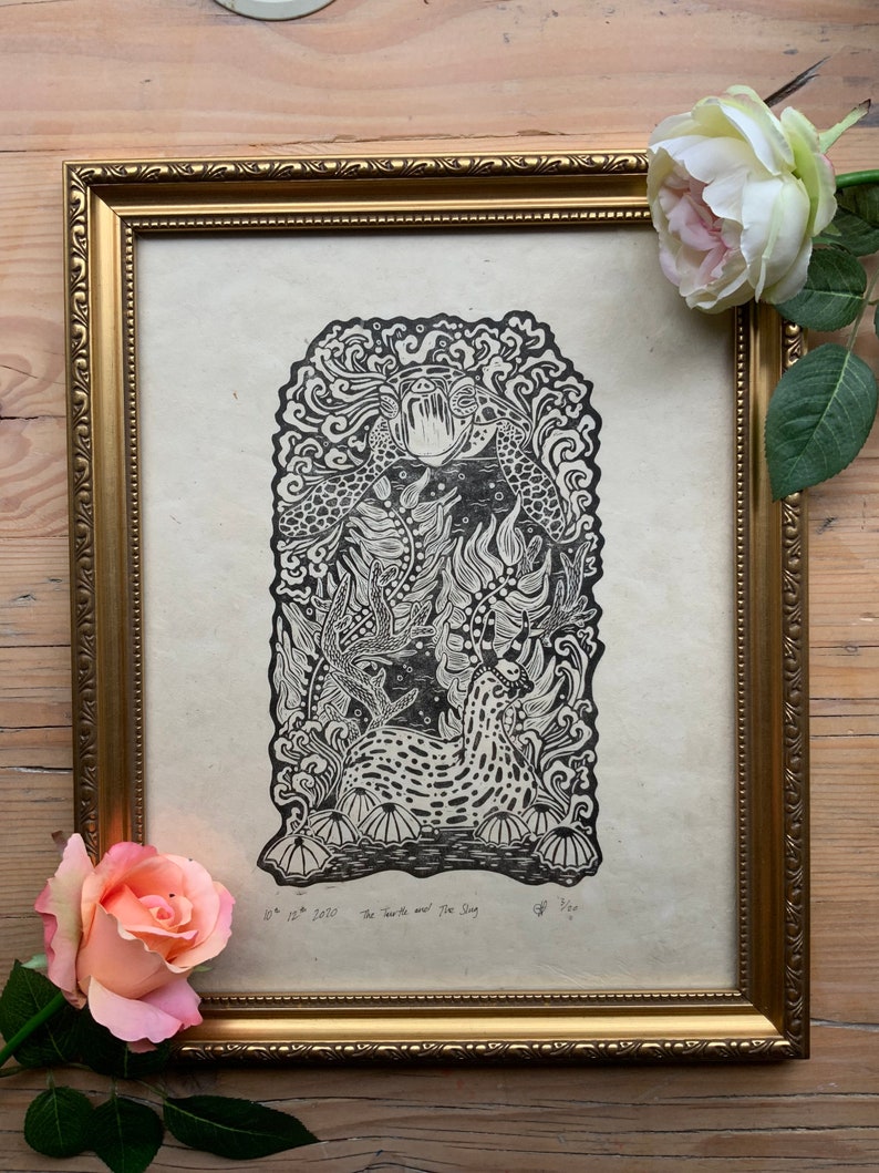 Turtle and Sea Slug Ocean Lino Relief Print - Etsy