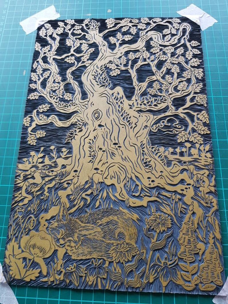Fox and Oak Tree Lino Relief Print - Etsy