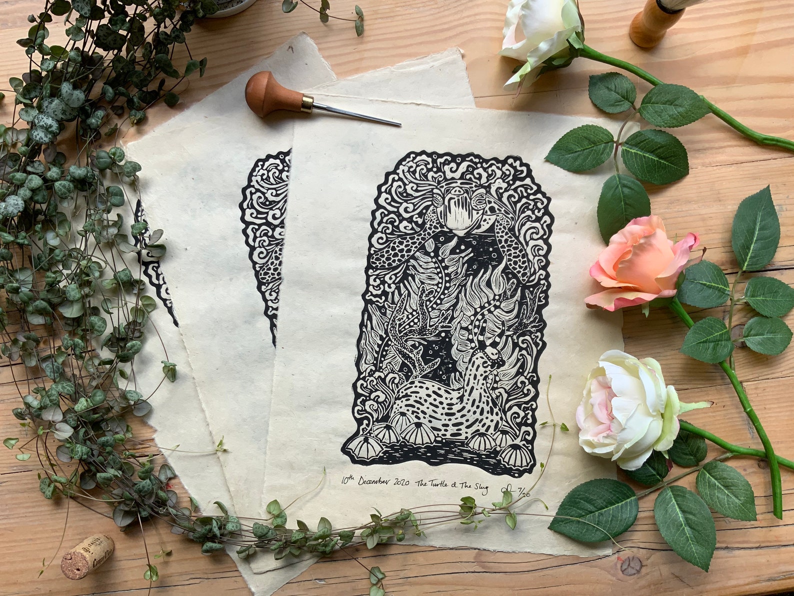 Turtle and Sea Slug Ocean Lino Relief Print - Etsy