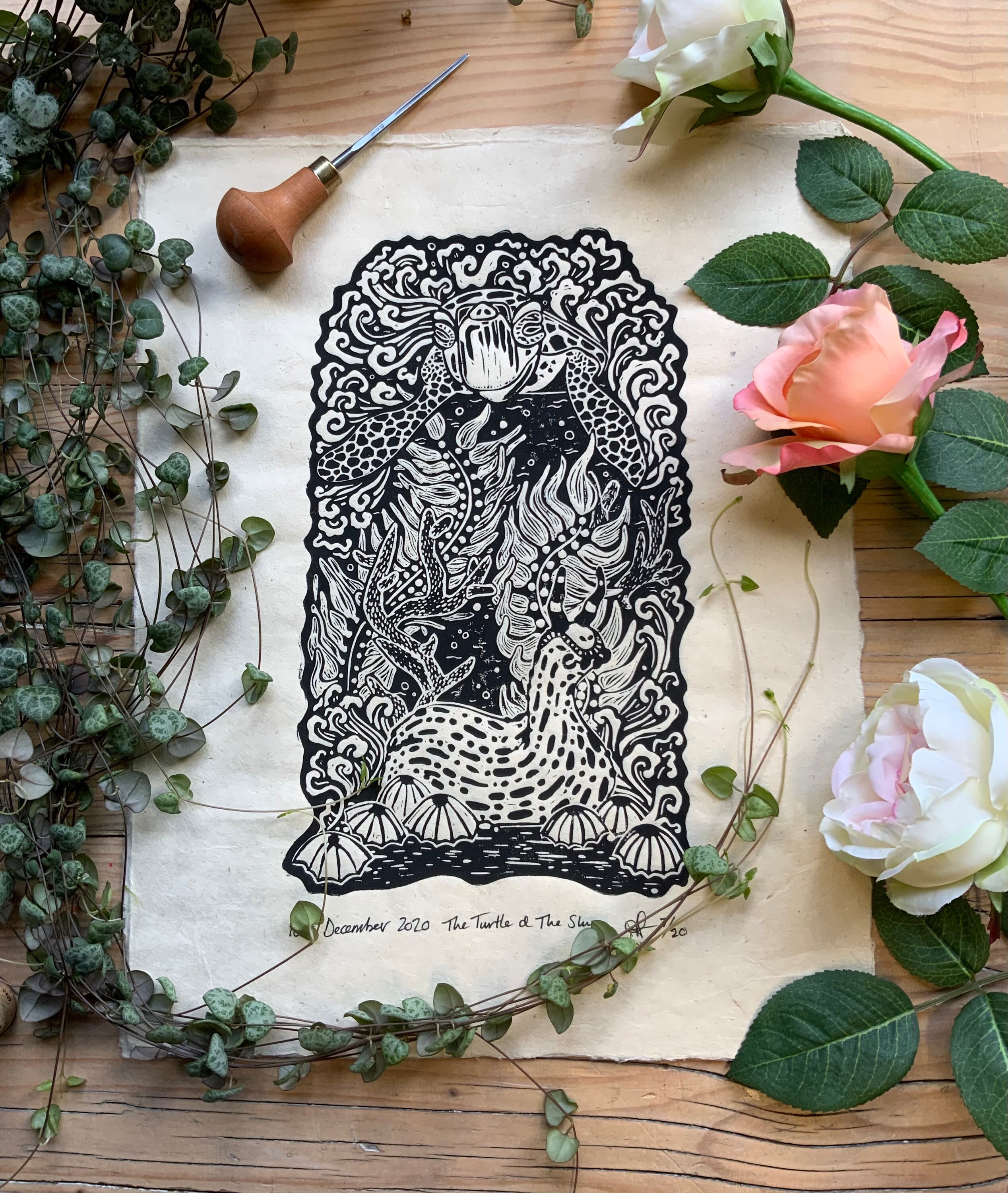 Turtle and Sea Slug Ocean Lino Relief Print - Etsy