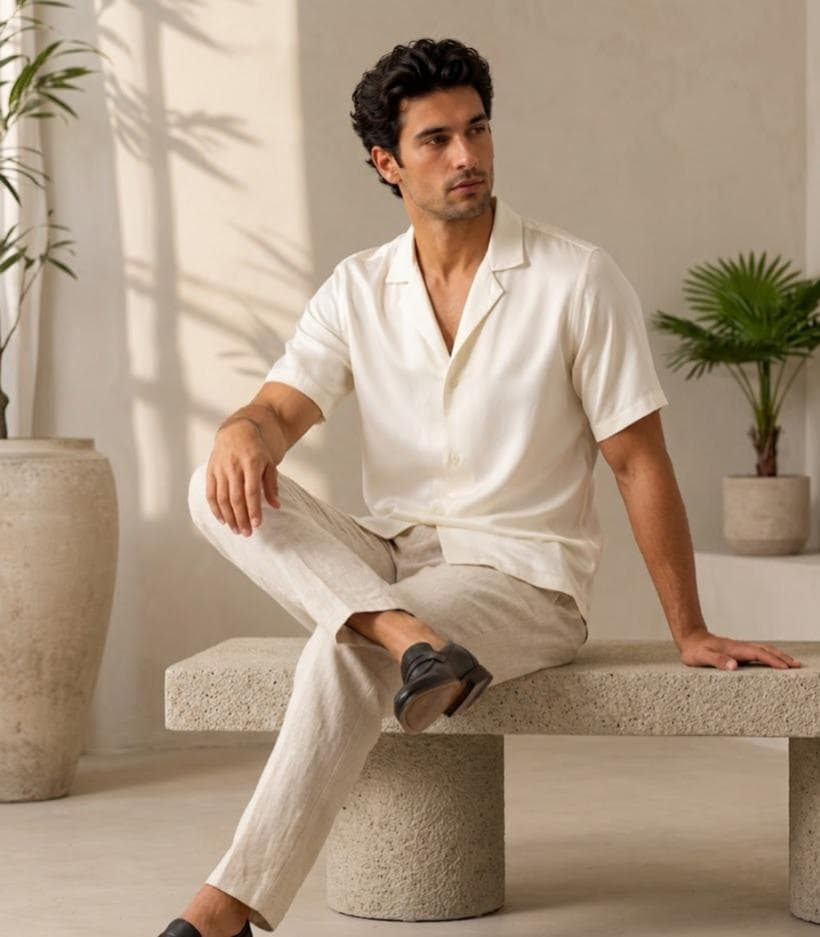 Men's Silk Shirt, Luxury Off-white Dress Shirt for Men, Formal Button ...