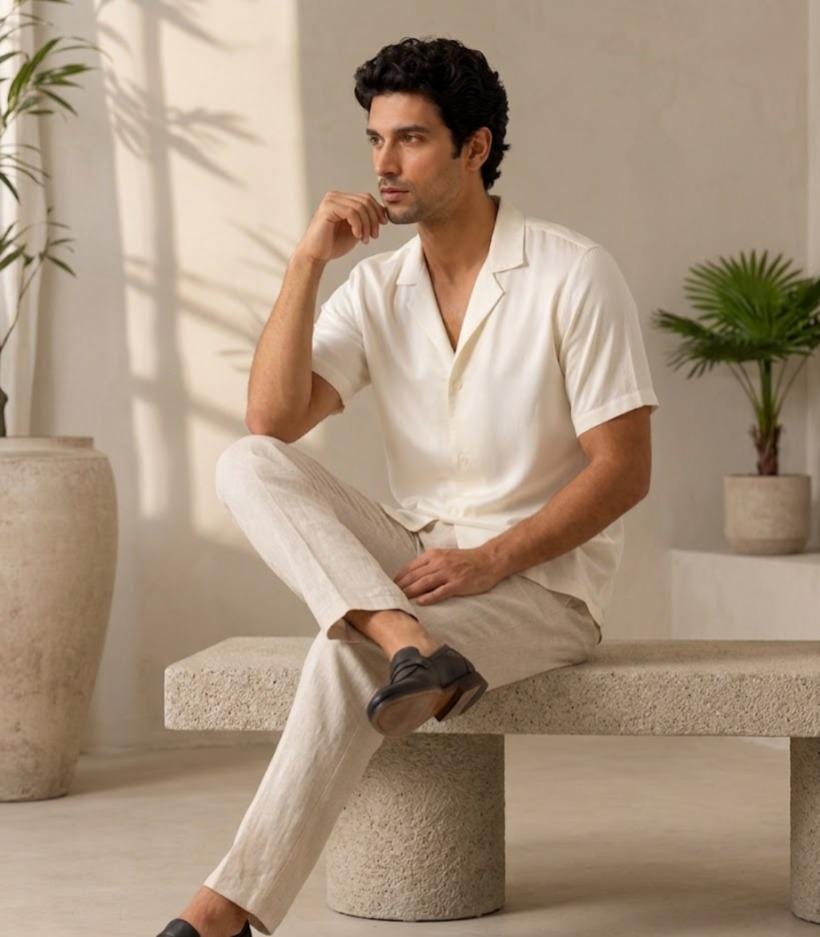 Men's Silk Shirt, Luxury Off-white Dress Shirt for Men, Formal Button ...