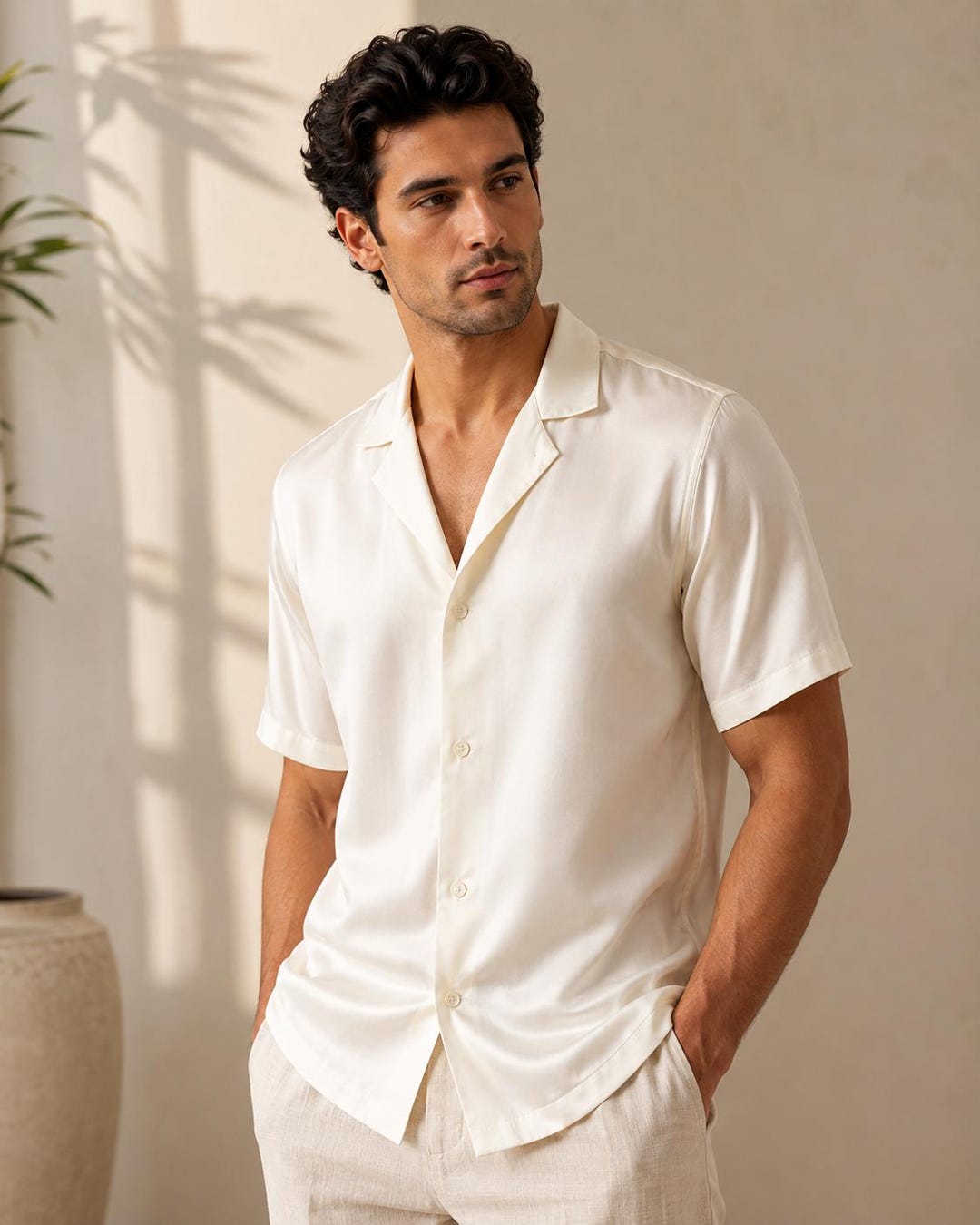 Men's Silk Shirt, Luxury Off-white Dress Shirt for Men, Formal Button ...