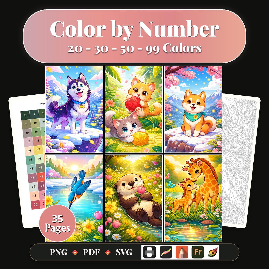 Color by Number, Various Animals, 35 Pages, 4 Difficulties (from 20 to ...