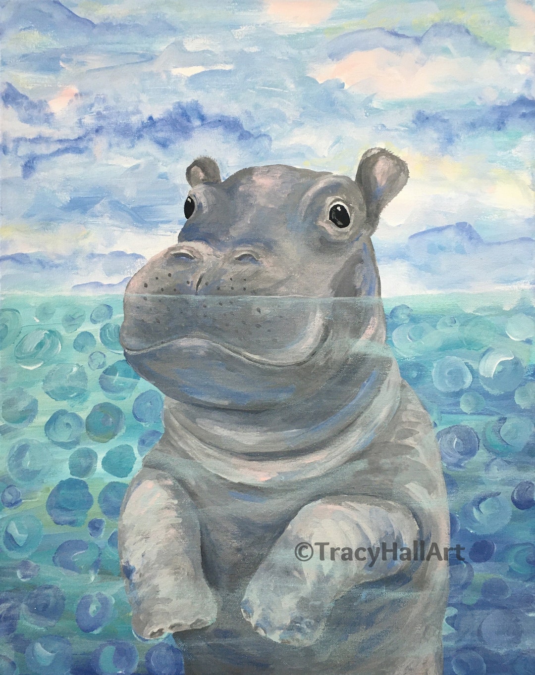Hippo Fritz Baby Hippo Art Painting PRINT Hippopotamus Zoo Babies ...