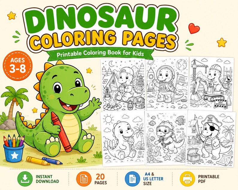 Dinosaur Coloring Pages for Kids, Printable Coloring Book (PDF Download ...