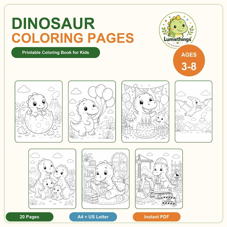 Dinosaur Coloring Pages for Kids, Printable Coloring Book (PDF Download ...