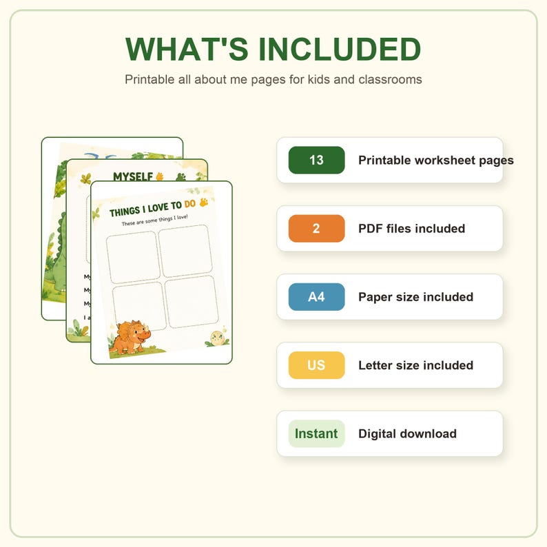Dinosaur All About Me Worksheet for Kids, Printable First Day of School ...