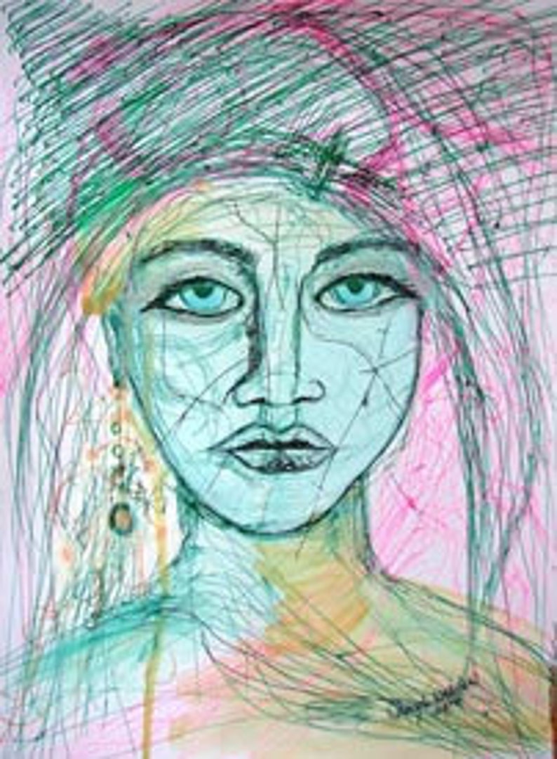 Drawing Pink Portrait Original Drawing Acrylic Paint on Paper | Etsy