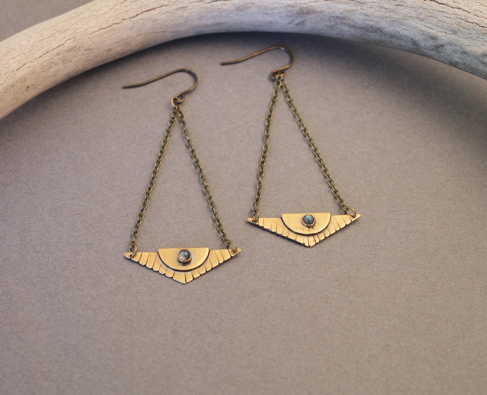 Indra Modern Geometric Thunderbird Earrings in Brass or Sterling With ...