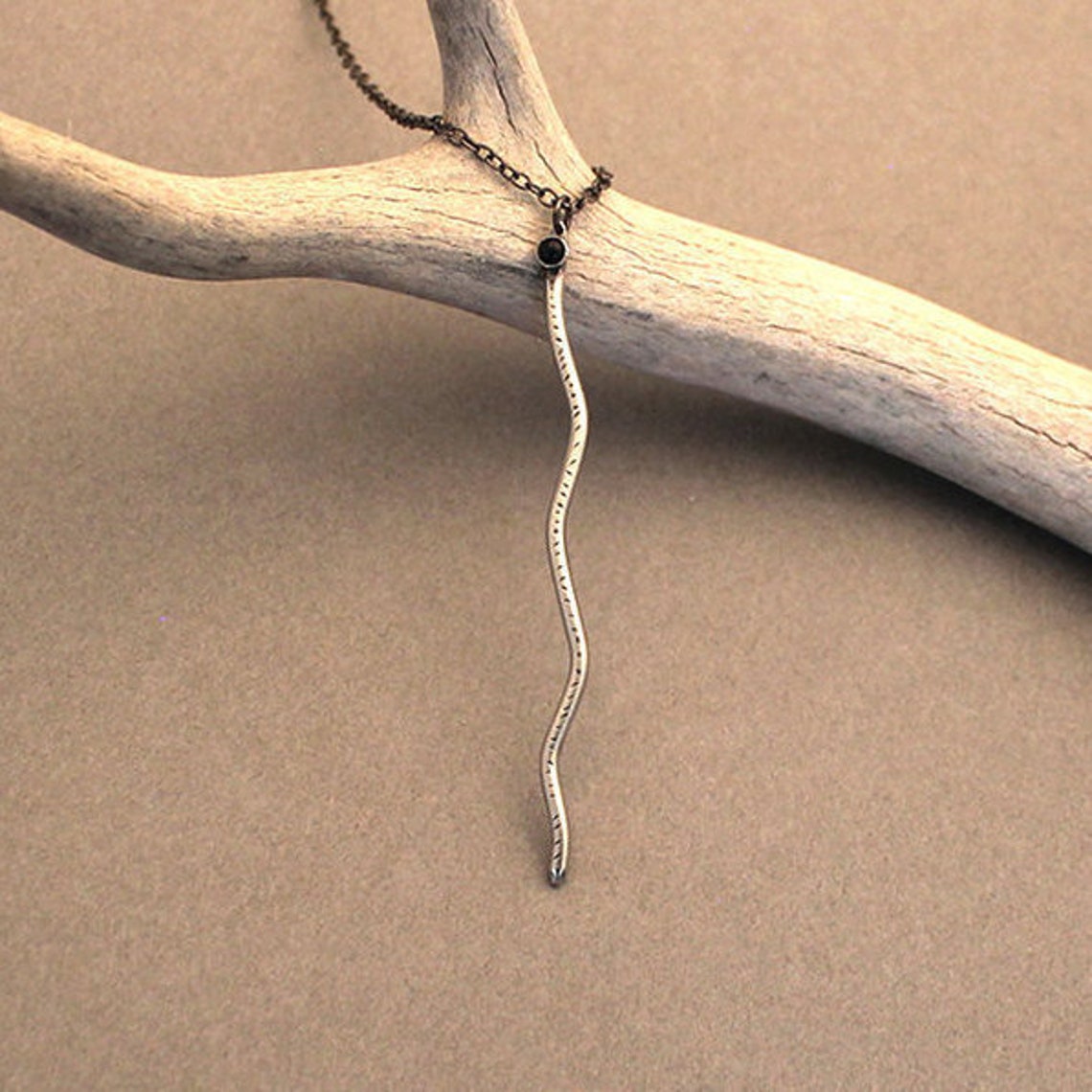 Modern, Simple Snake Necklace in Sterling Silver or Brass With Onyx ...