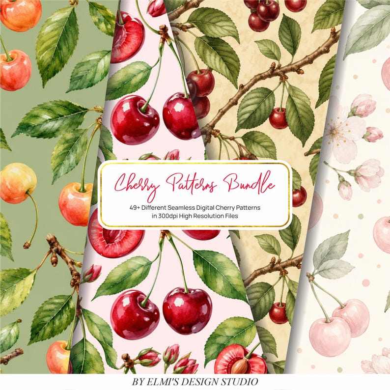 Cherry Seamless Patterns Bundle, Pastel Watercolor Digital Paper ...