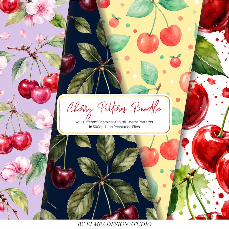 Cherry Seamless Patterns Bundle, Pastel Watercolor Digital Paper ...