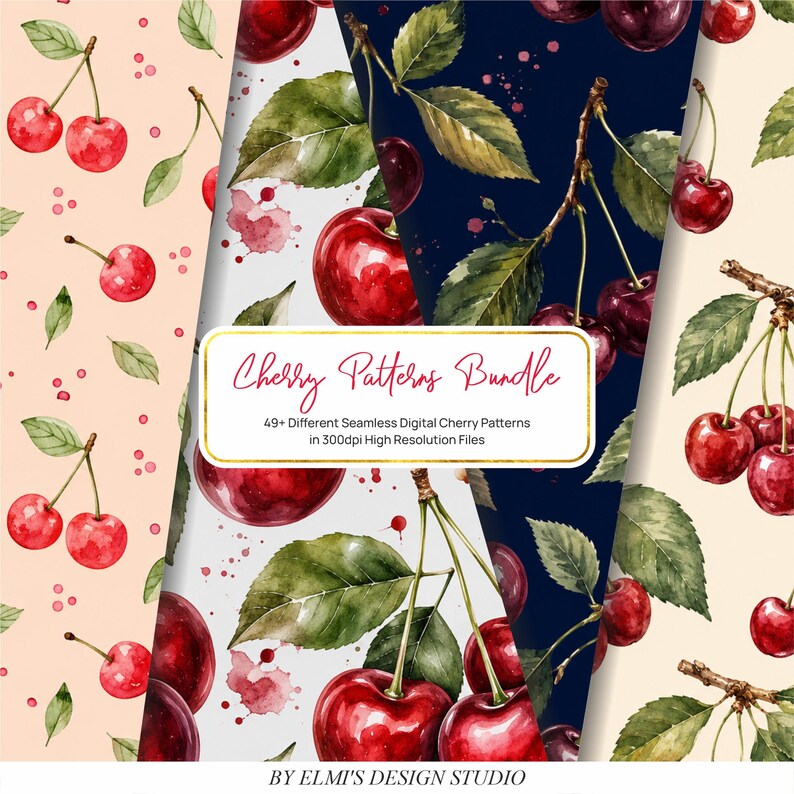 Cherry Seamless Patterns Bundle, Pastel Watercolor Digital Paper ...