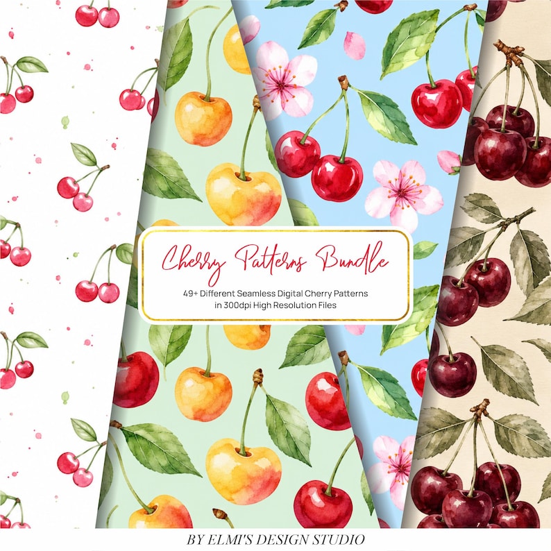 Cherry Seamless Patterns Bundle, Pastel Watercolor Digital Paper ...