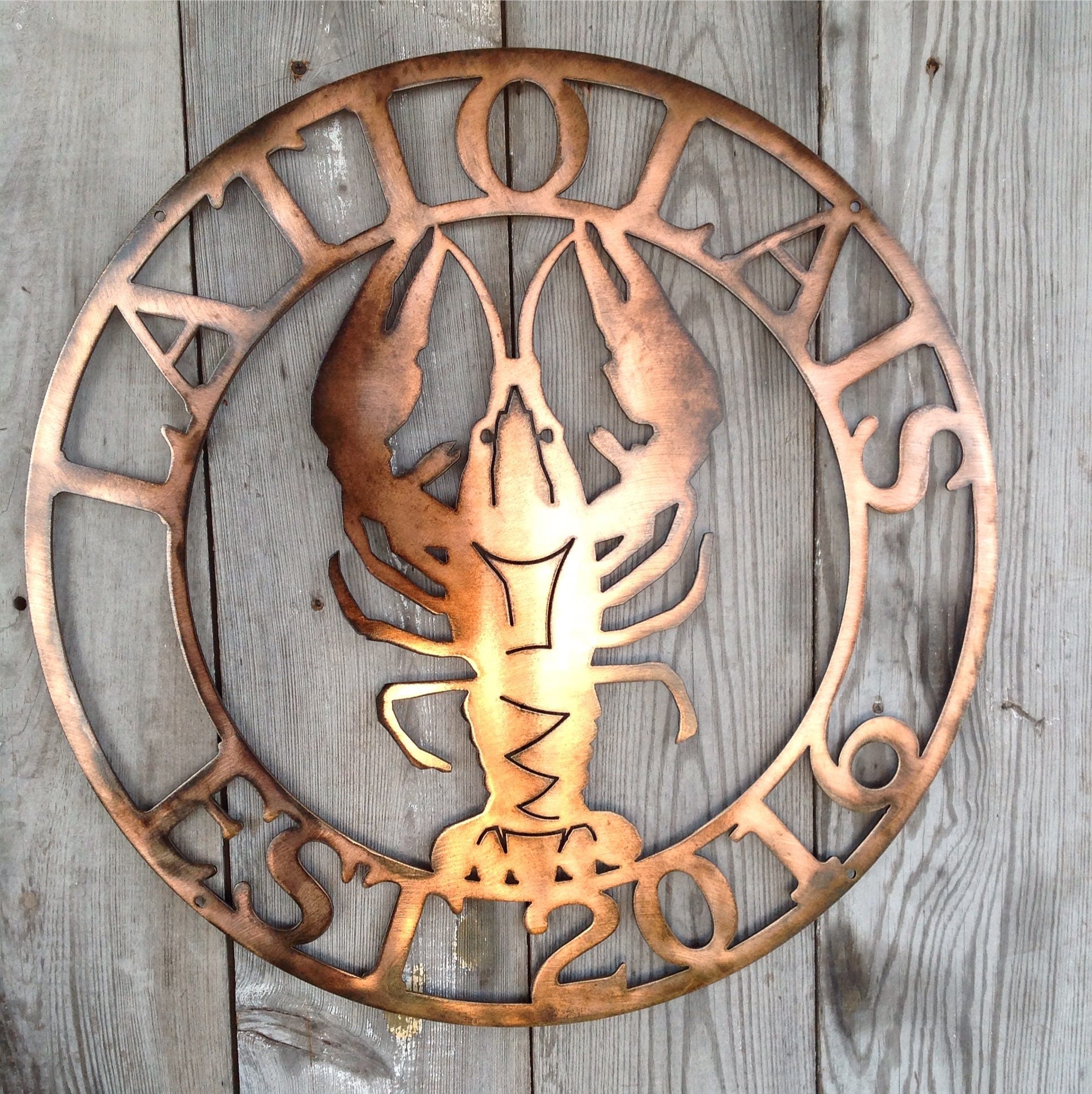 Crawfish Custom Copper or Bronze Plated Round Metal Sign