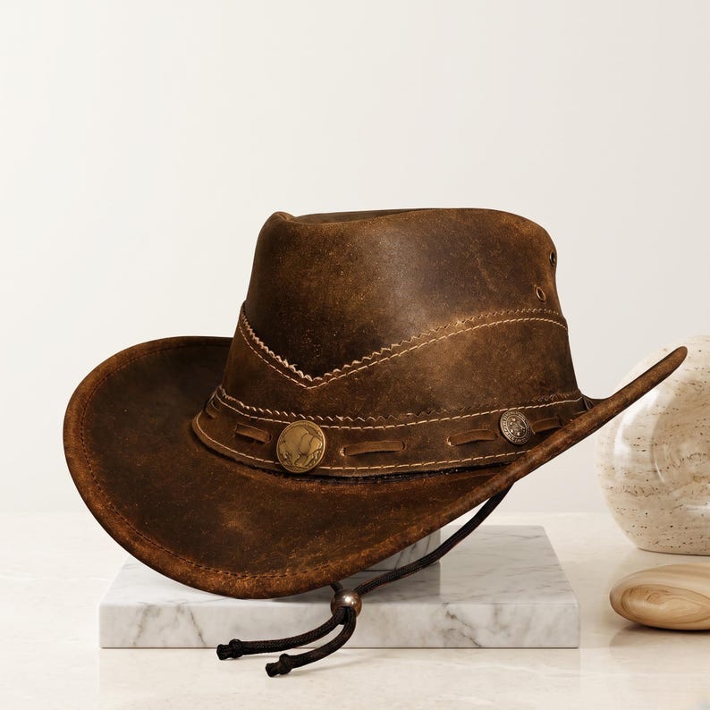 Distressed Brown Leather Cowboy Hat – Authentic Handmade Western ...