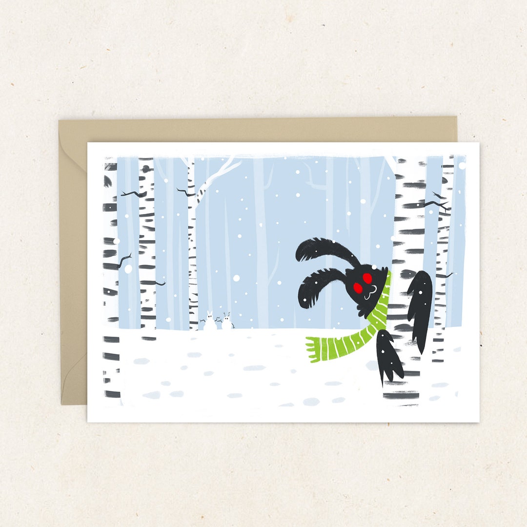 Snowy Mothman Greeting Card - Seasonal Holiday Cryptid - Etsy