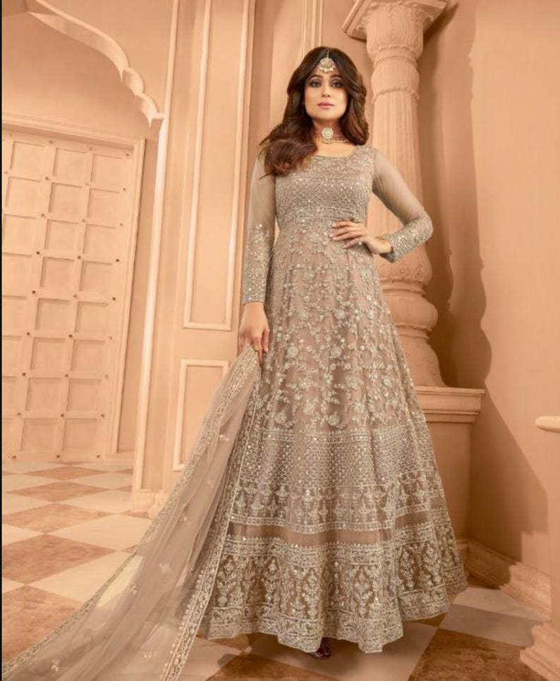 Sky Blue Net Anarkali Gown for Women, Wedding Party Wear, Sequence ...