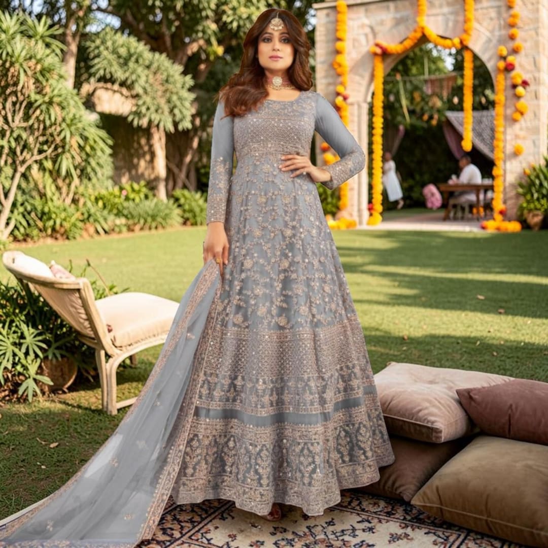 Sky Blue Net Anarkali Gown for Women, Wedding Party Wear, Sequence ...