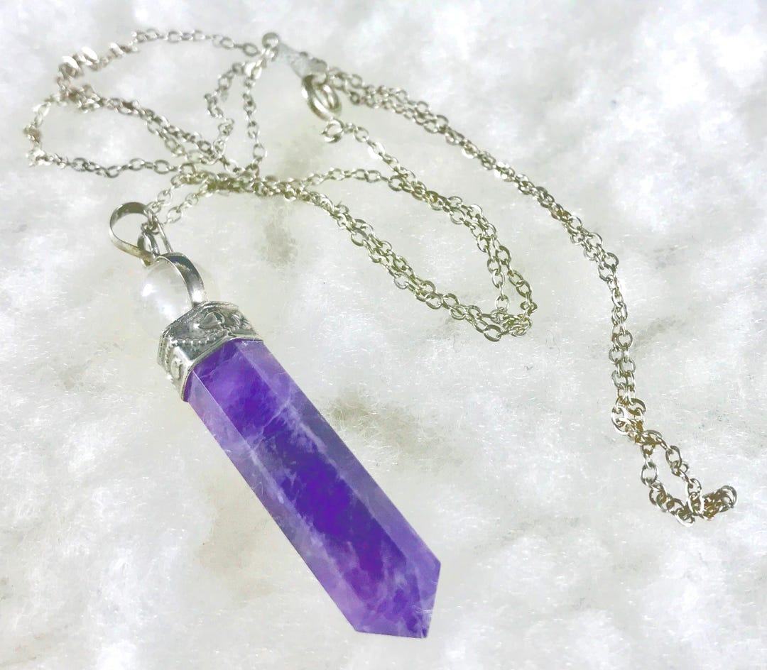 Purple Obelisk Amethyst Pendant Necklace Cloudy White Quartz Bead ...