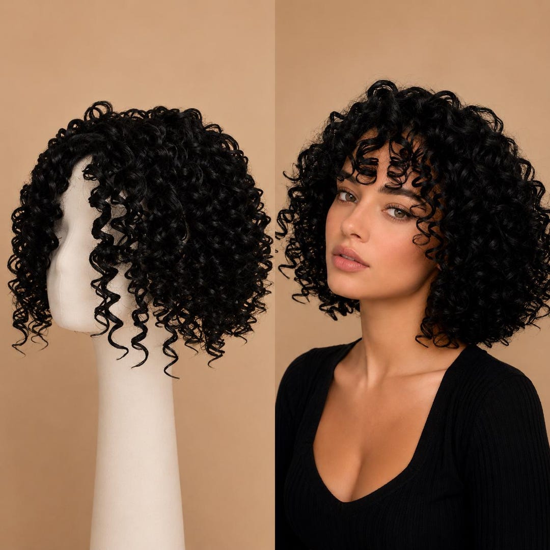 Short Curly Hair Topper With Bangs, Synthetic Clip in Hairpiece for ...