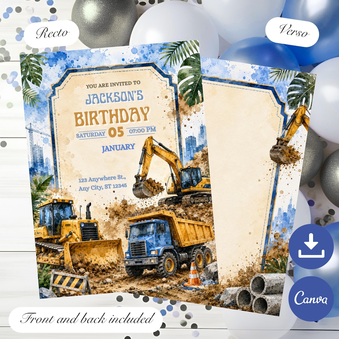Construction Birthday Invitation Canva Template, Editable Excavator ...