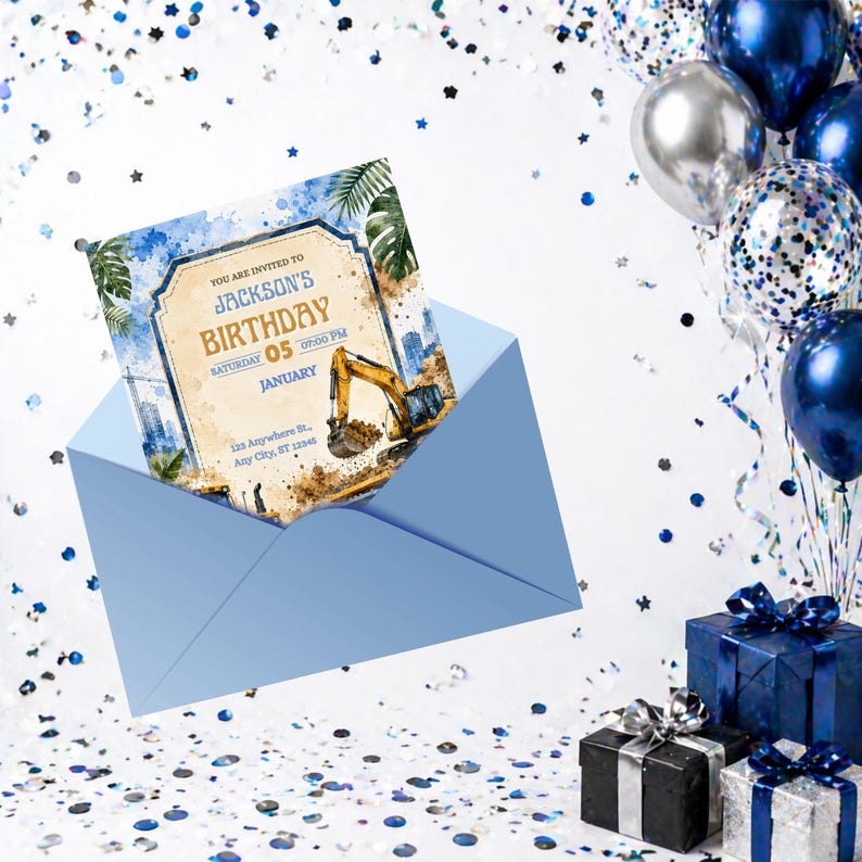 Construction Birthday Invitation Canva Template, Editable Excavator ...