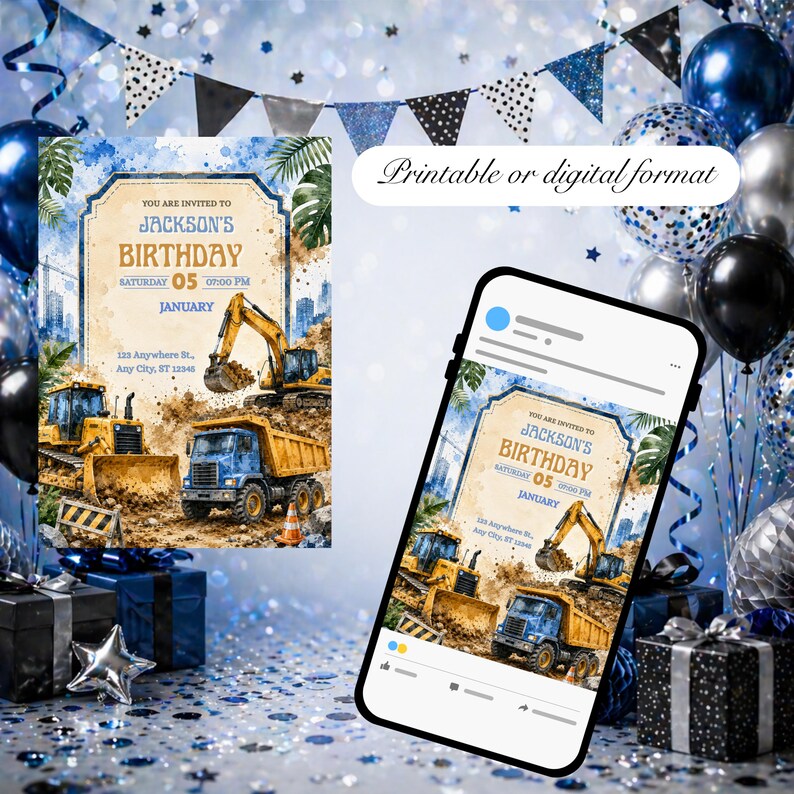 Construction Birthday Invitation Canva Template, Editable Excavator ...