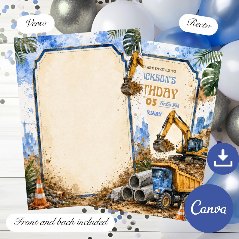Construction Birthday Invitation Canva Template, Editable Excavator ...