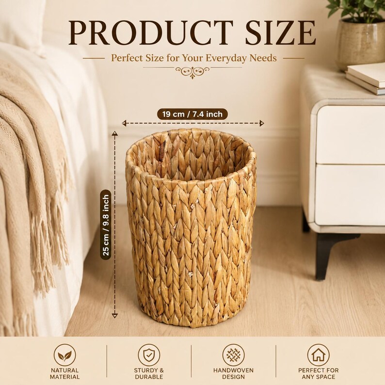Wicker Waste Basket, Water Hyacinth Trash Can, Small Bathroom ...