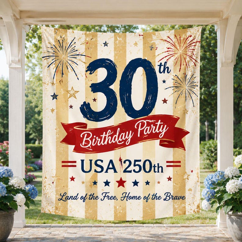 30th Birthday Banner, Patriotic USA Celebration Backdrop, Red White ...