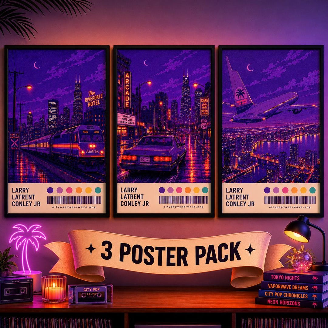 Neon City Nights Poster Set, Vaporwave Travel Art, Retro Train Car ...