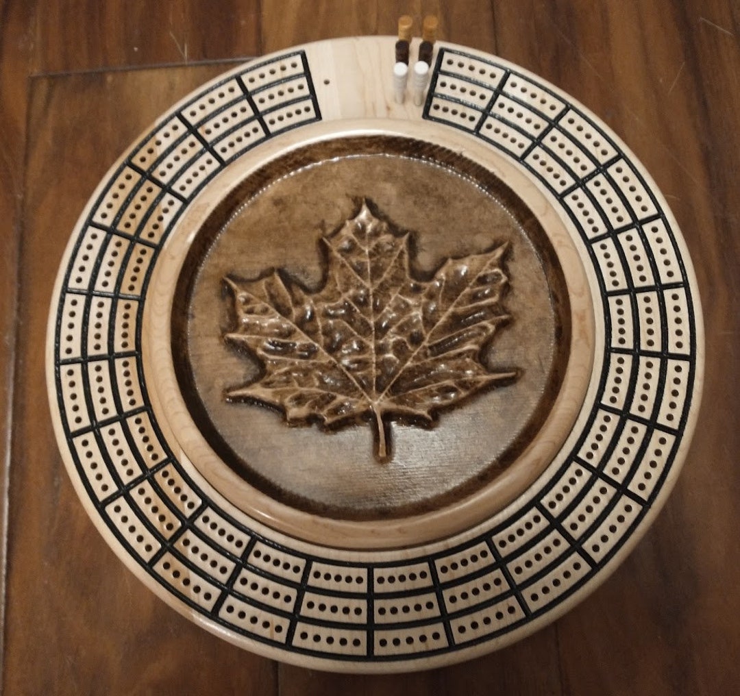 Maple Leaf 3 Track Round Cribbage Board With Storage - Etsy
