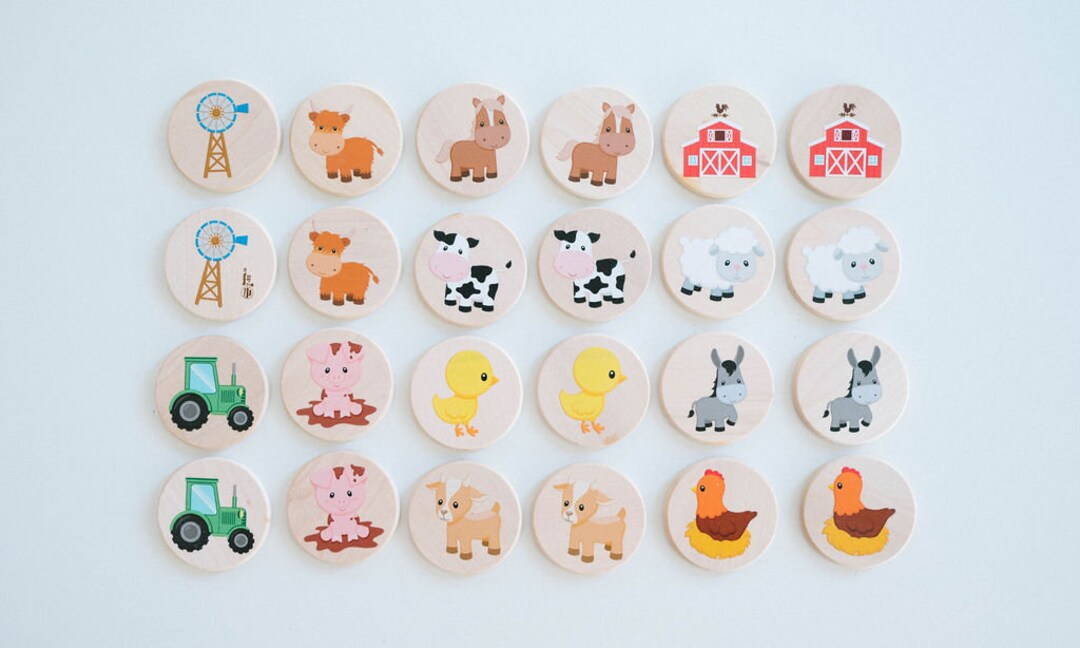 On the Farm Wooden Memory Matching Game for Kids, Homeschool, Preschool ...